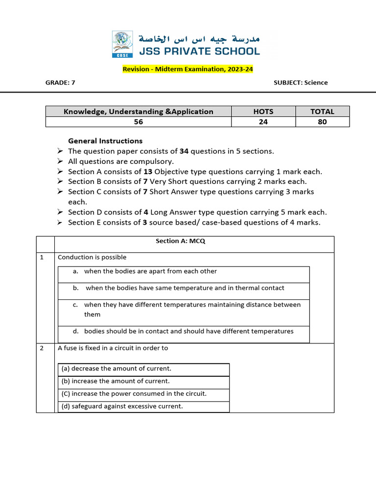 GR 7 Science Midterm Revision Paper 2023-24 | PDF | Atmosphere Of Earth | Photosynthesis