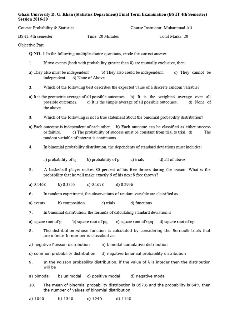 BS-CS Spring 2018 Final Probability Distribution Objective | PDF | Probability Distribution ...