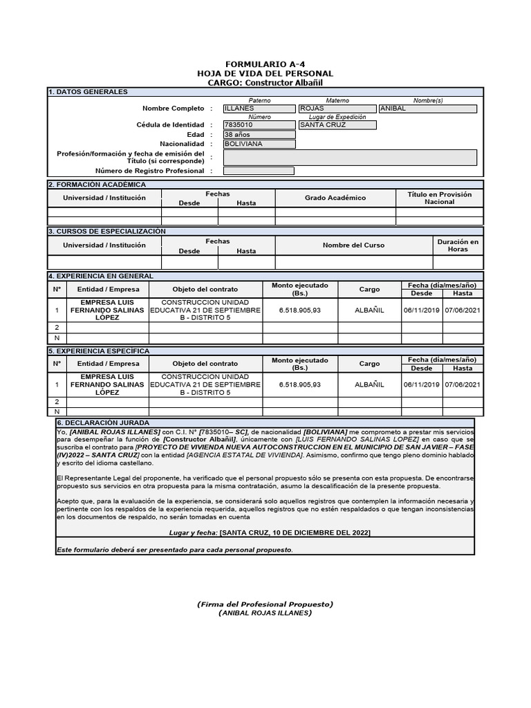 10 Formulario A-4 Albaniles | PDF | Titulo academico | Bolivia
