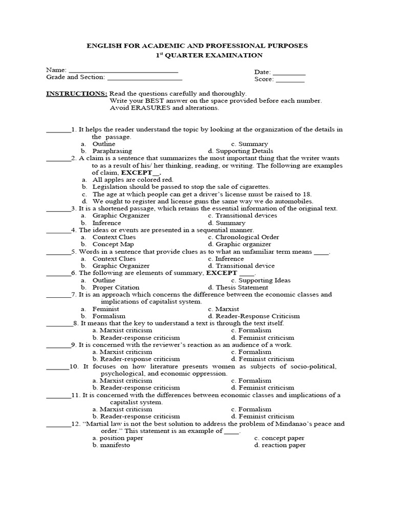 Eapp 1st Quarter Exam Sy 2017 2018 | PDF