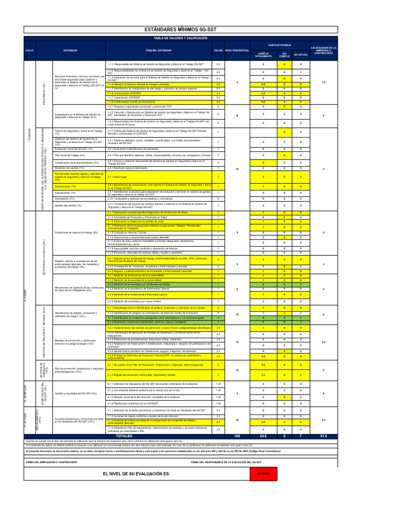 Estándares Mínimos SG-SST y Evaluación | PDF | Business