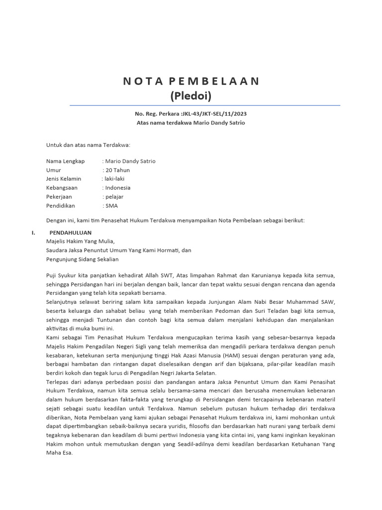 Nota Pembelaan Atau Pledoi | PDF