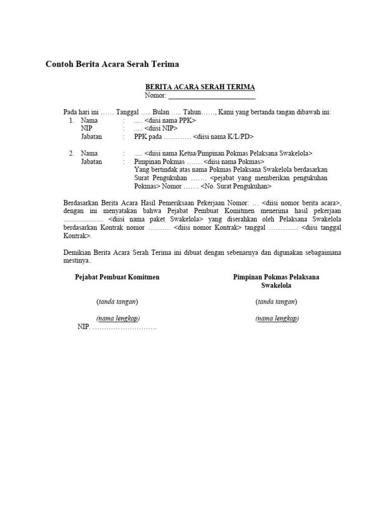21 Contoh Berita Acara Serah Terima Pokmas Ke PPK | PDF