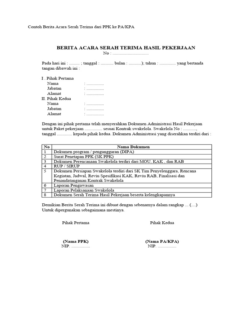 23 Contoh Berita Acara Serah Terima Dari PPK Ke PA | PDF