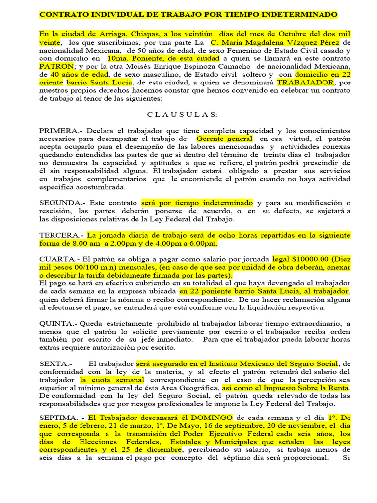 contrato individual de trabajo por tiempo indeterminado ejemplo | PDF | Salario