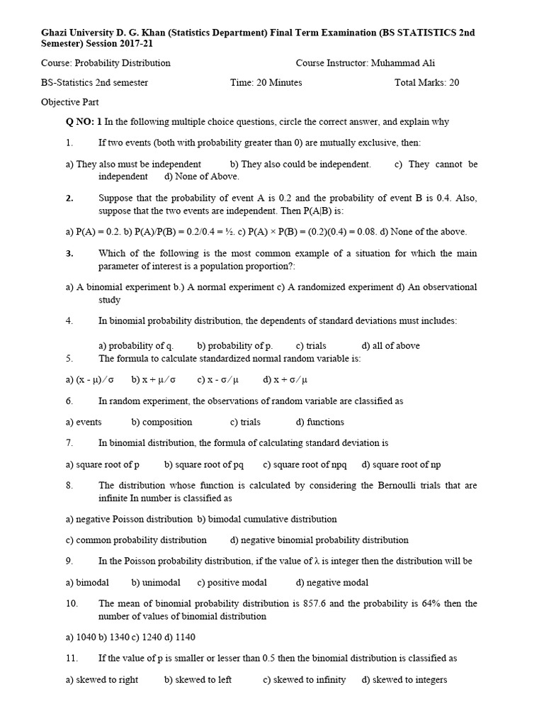 Bs-Statistics 2nd Semester Spring 2018 Final Probability Distribution ...