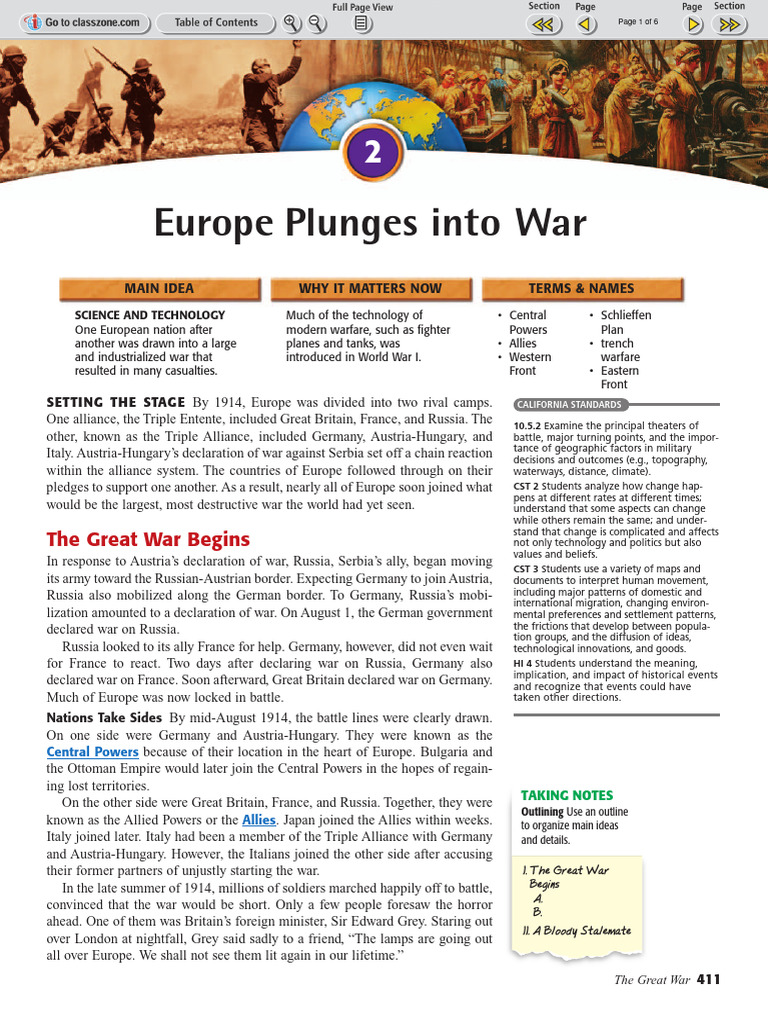 Europe Plunges Into War | PDF | Western Front (World War I) | Trench ...