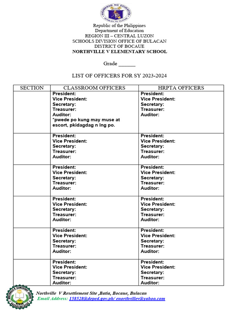 Class Officers and HRPTA List 2023-2024 | PDF
