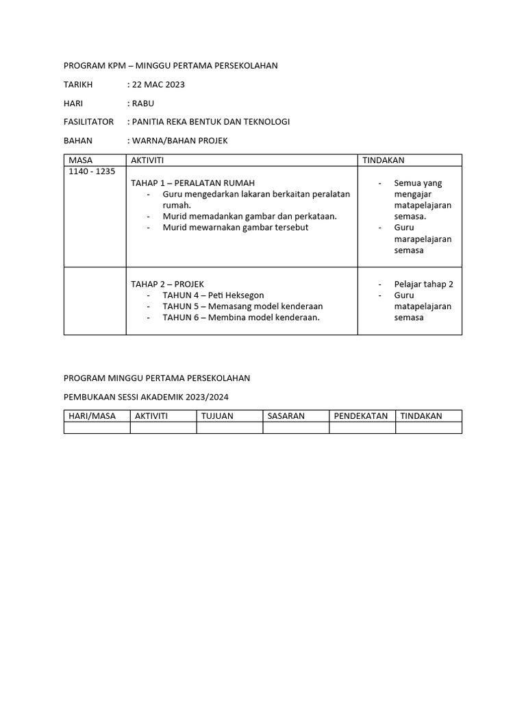 Program KPM Minggu Pertama Sekolah | PDF