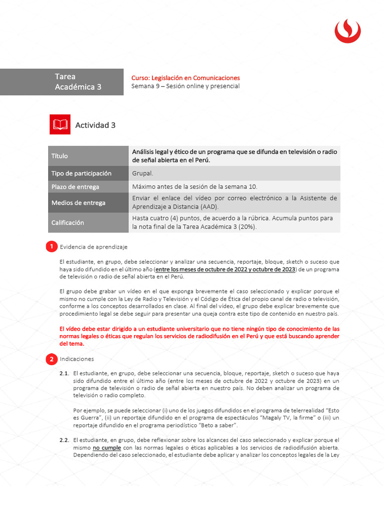 Rúbrica Tercera TA3 | PDF