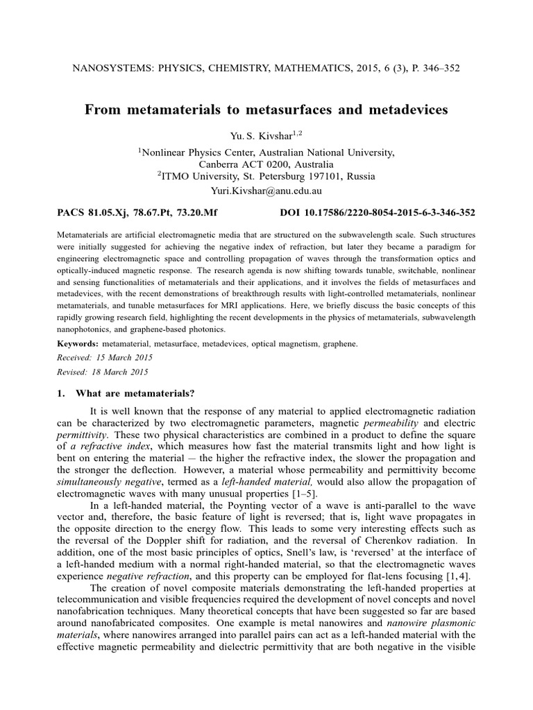 From Metamaterials To Metasurfaces and Metadevices | PDF