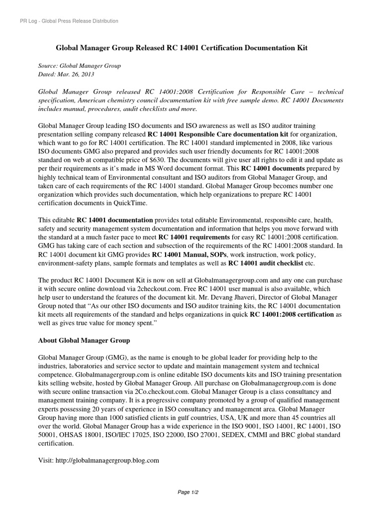 Global Manager Group Released RC 14001 Certification Documentation Kit | PDF | International ...