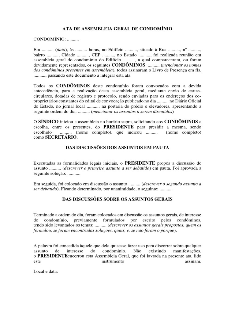 Ata de Assembleia Geral de Condomínio | PDF | Condomínio