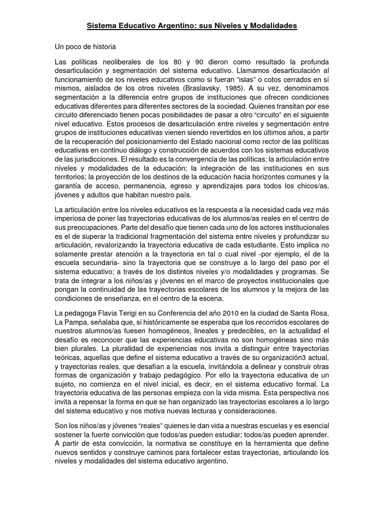 Niveles y Modalidades del Sistema Educativo Argentino | PDF | Educación ...