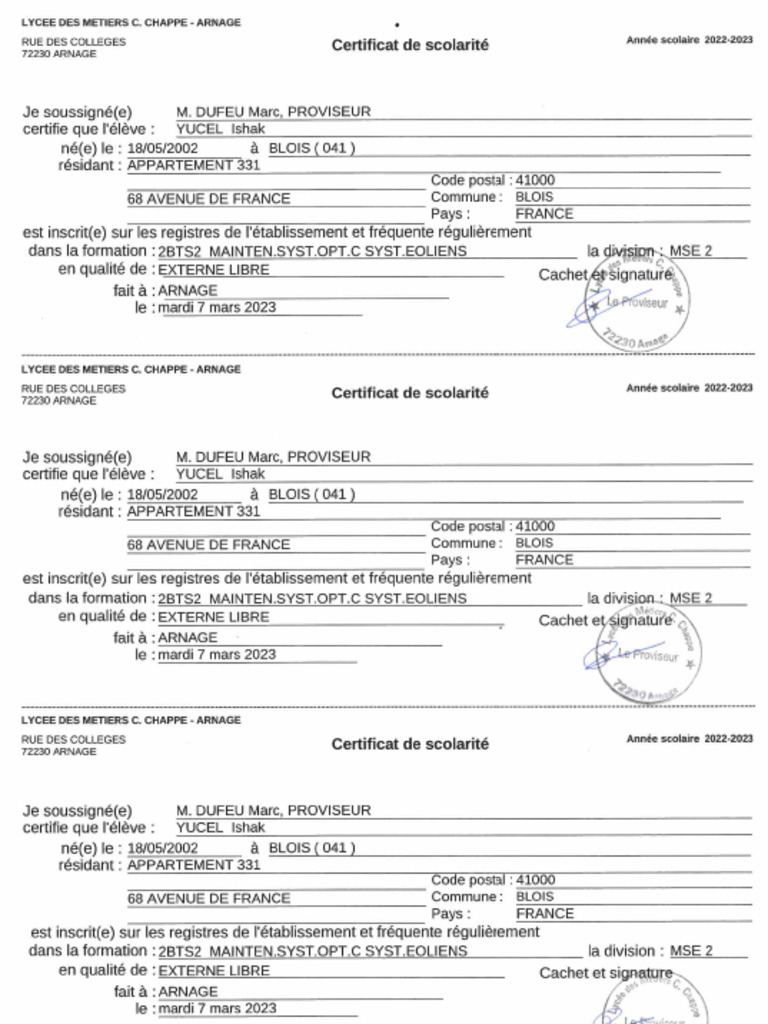 Certificat de Scolarité | PDF