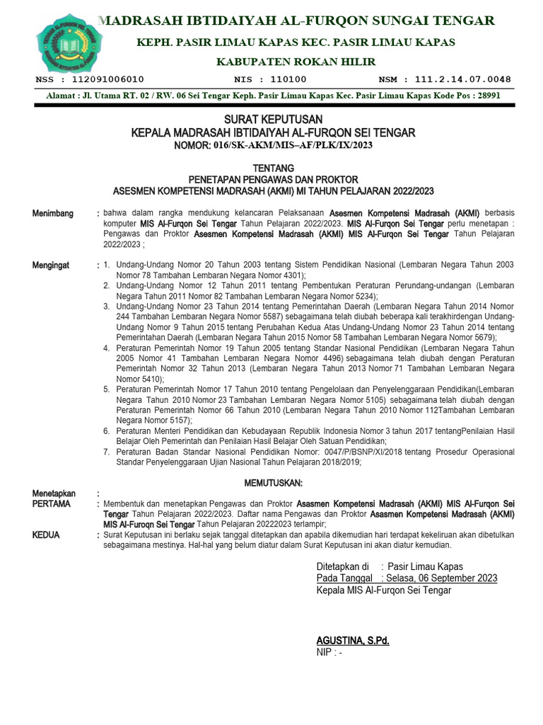 SK Pengawas Proktor dan Teknisi AKM MADRASAH 2023 | PDF