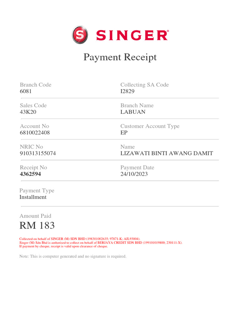 Payment Receipt: Branch Code Collecting SA Code | PDF