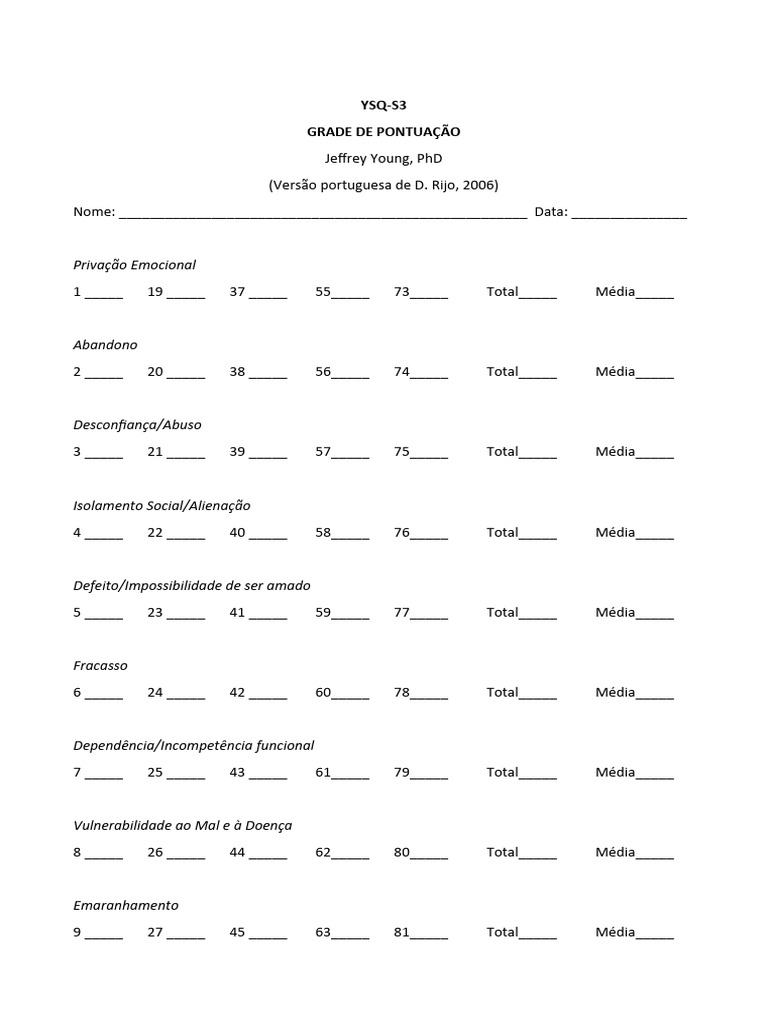 Grade de pontuaçao- J. Young- YSQ-S3 | PDF