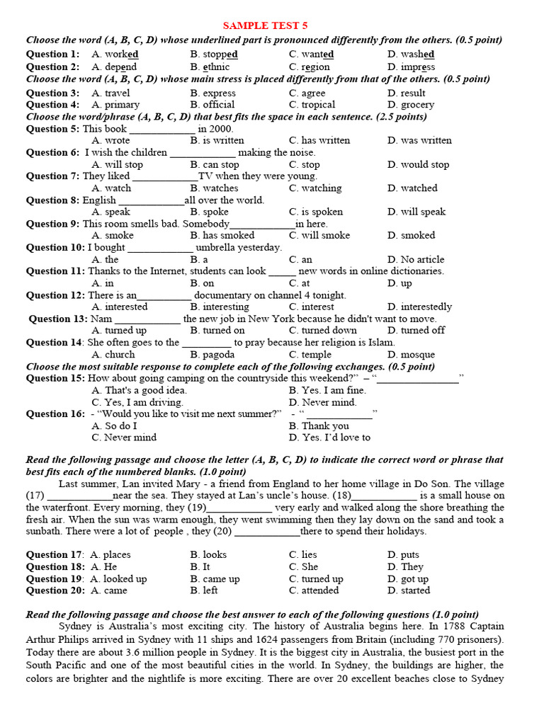 Sample Test 5 | PDF | Sydney | Port