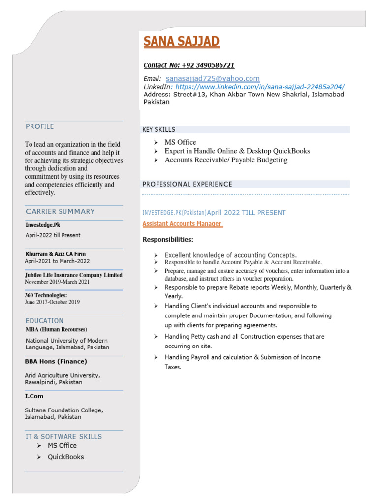Sana's Resume-1 | Download Free PDF | Bookkeeping | Money