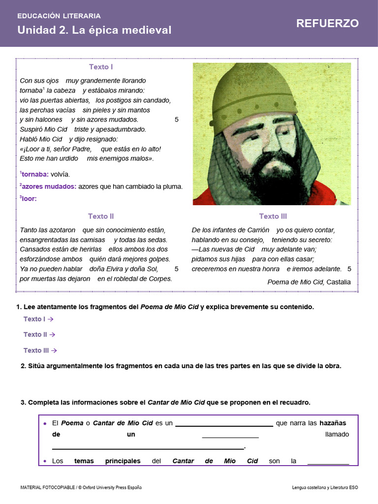 3º ESO. La Épica Medieval. Poema de Mío Cid. Oxford, Geniox. 5 Páginas ...