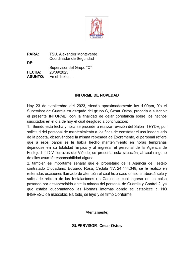 Informe de Novedad Monteverde | PDF