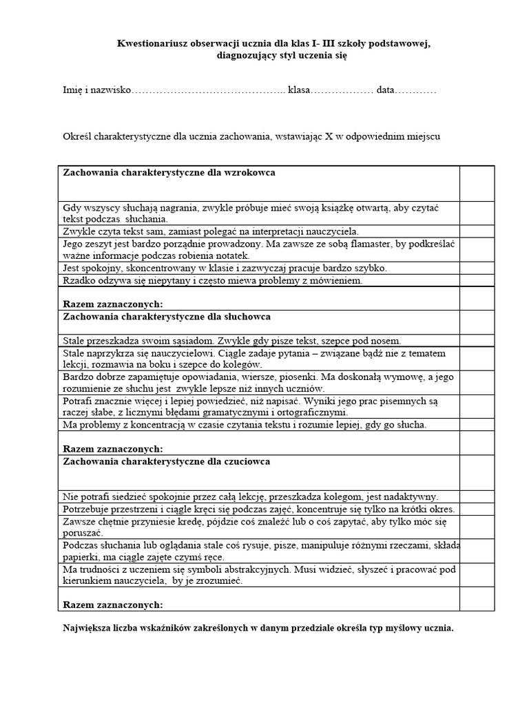 Kwestionariusz Obserwacji Ucznia Dla Klas 1-3 | PDF