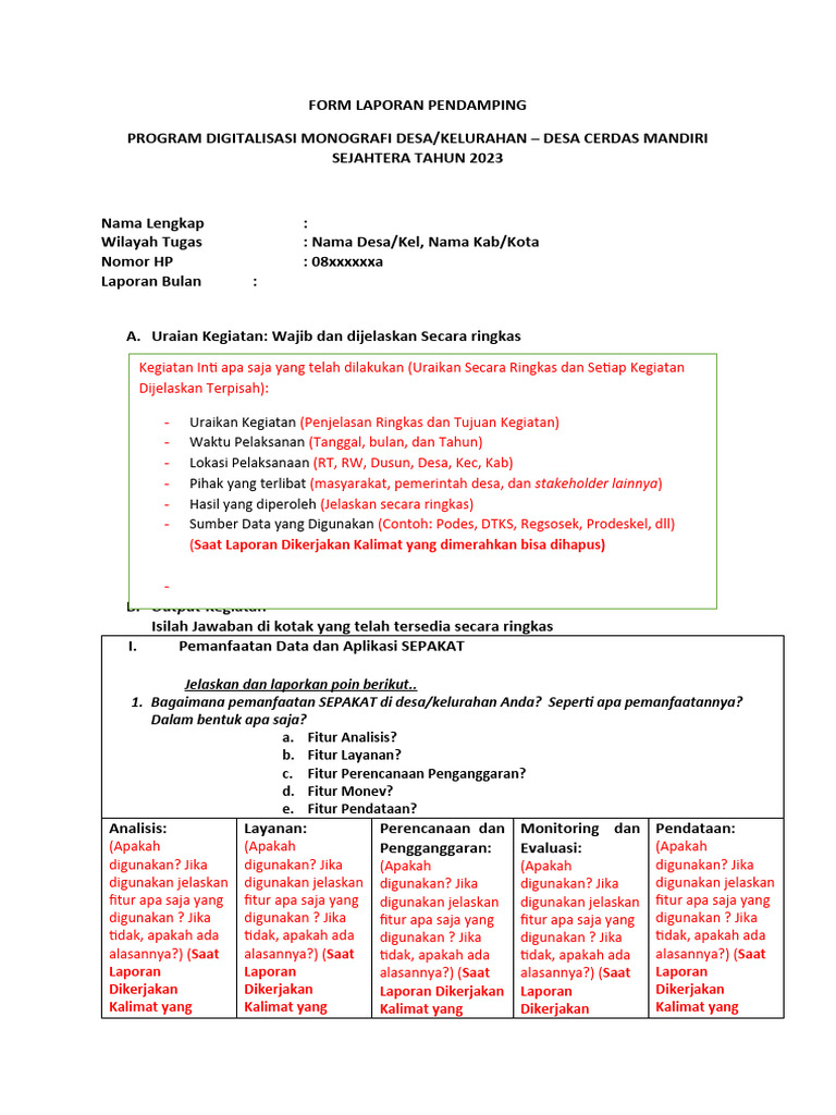Format Laporan Pendamping DMDK Bulan Juli 2023 | PDF