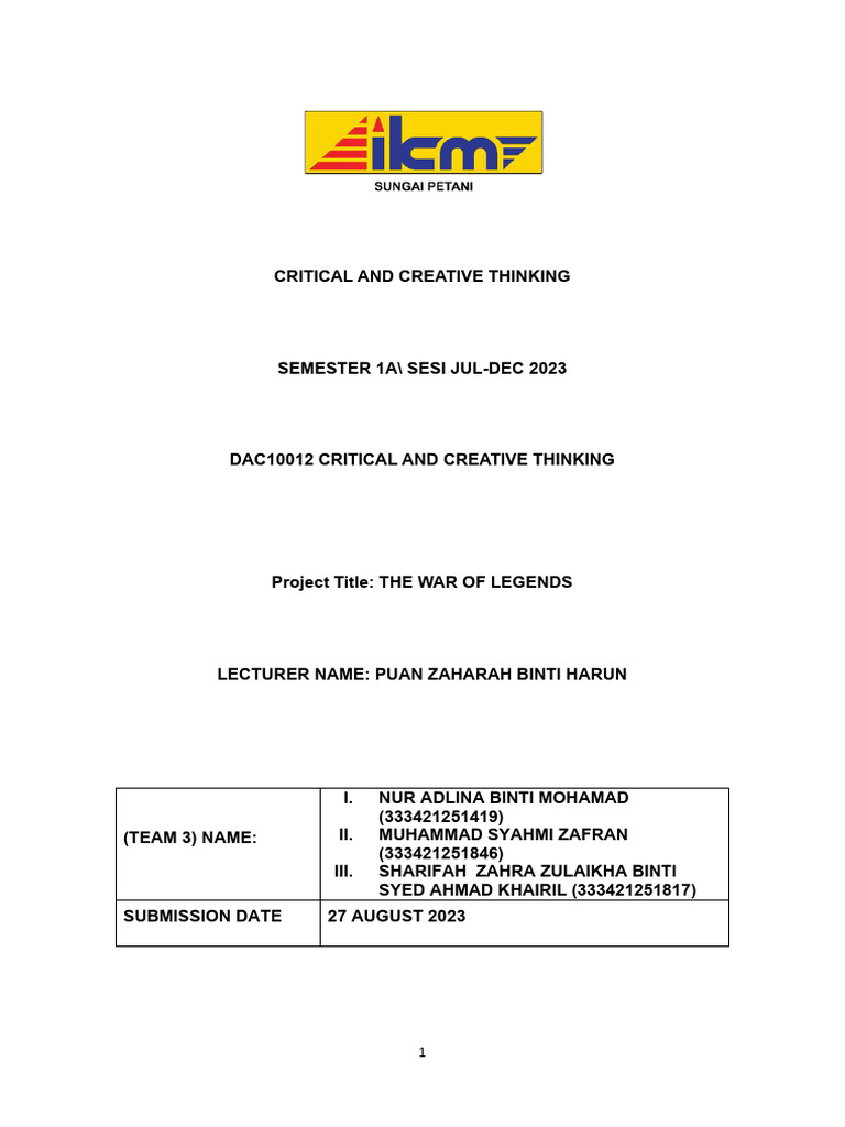 Critical and Creative Thinking Assignment Group 3 | PDF