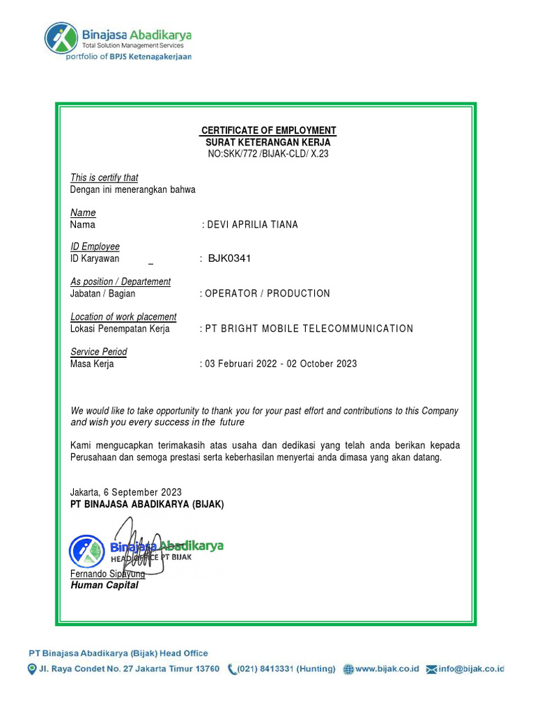 Paklaring BMT-DEVI APRILIA TIANA | PDF