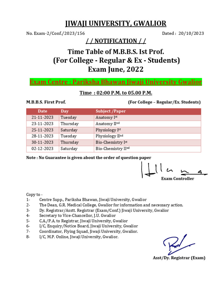 Time Table of M.B.B.S. Ist Prof. For College Regular Ex Students Exam June 2022 | PDF
