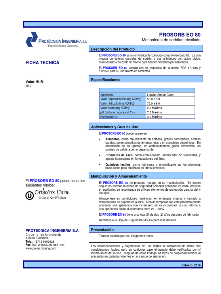 Tween 80 (Protec) | PDF | Emulsión | Alimentos
