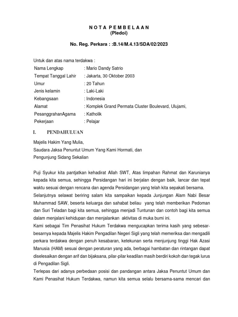 Tugas 1. Afri Sasongko (Surat Pledoi Mario Dandy) | PDF