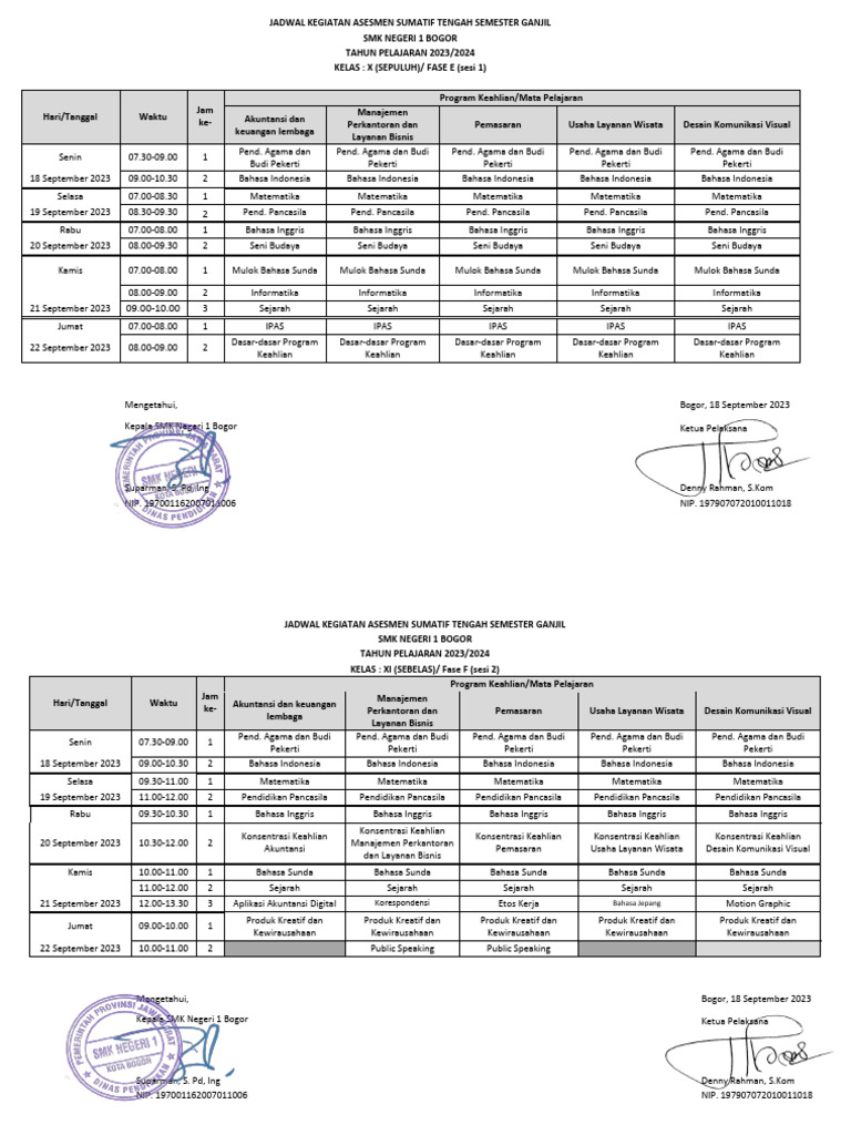 Jadwal ASTS SMKN 1 Bogor Ganjil 2023-2024 Revisi | PDF