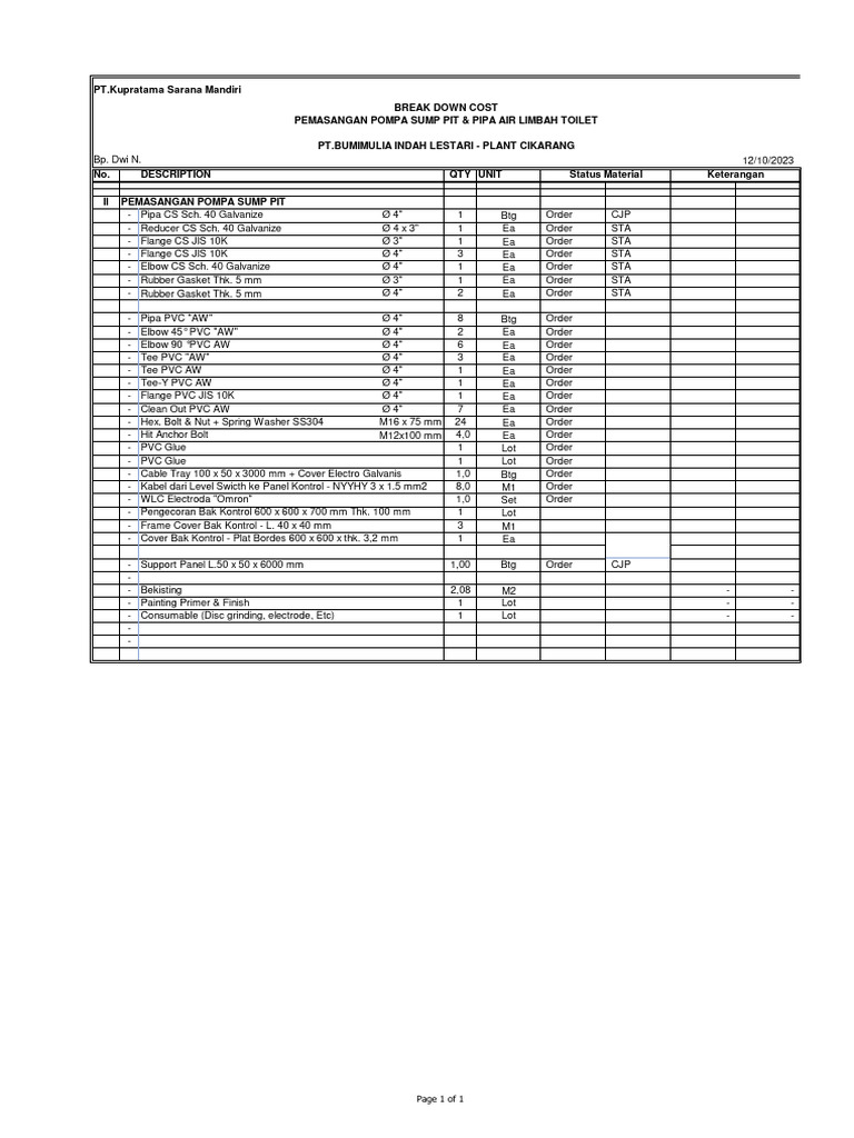 Tom Pemasangan Pompa Sump Pit & Pipa Air Kotor Rev.01 | PDF