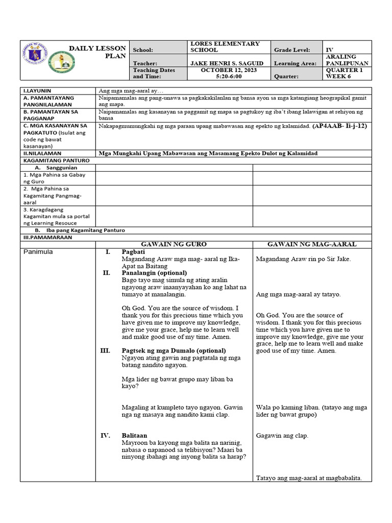 DAILY LESSON PLAN in AP4 Q1W6 | PDF