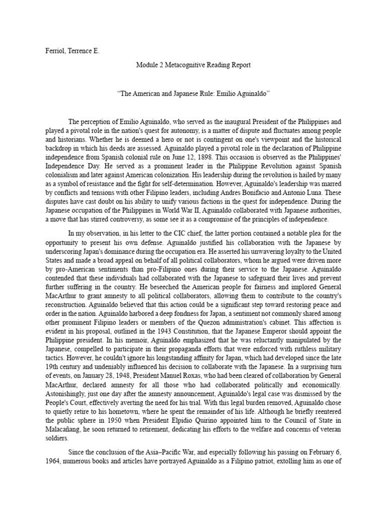 Module 2 Metacognitive Reading Report - FERRIOL | PDF | Philippines | Empire Of Japan