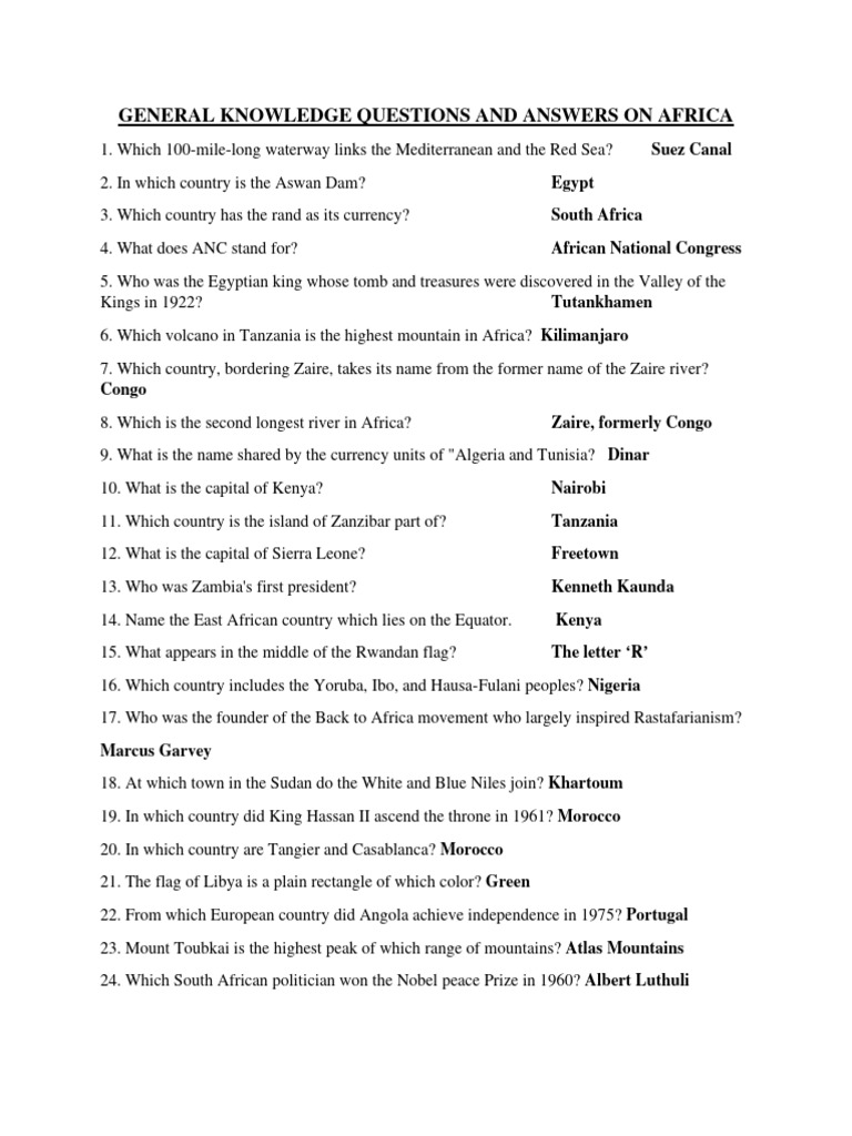 General Knowledge Questions and Answers On Africa | PDF