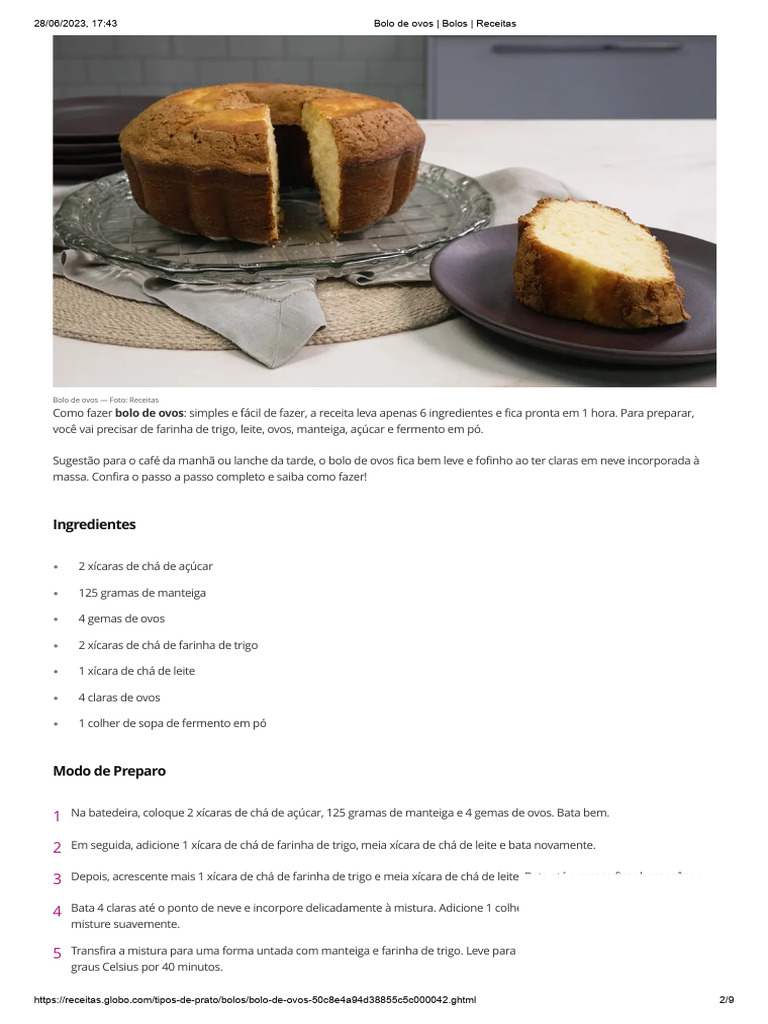 Bolo de Ovos - Bolos - Receitas | PDF