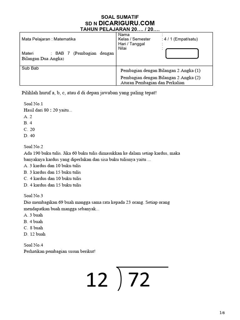 Soal Sumatif MTK KLS 4 Bab 7 | PDF