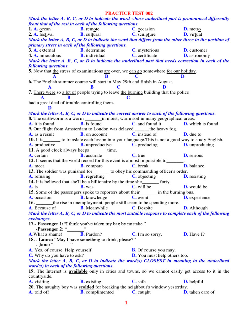 Practice Test 002.2020-Key | PDF | Bullying