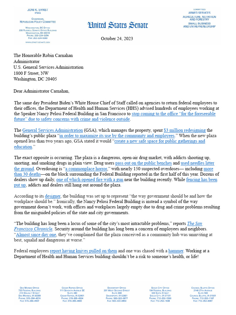 Sen. Joni Ernst Letter To GSA | PDF | General Services Administration ...