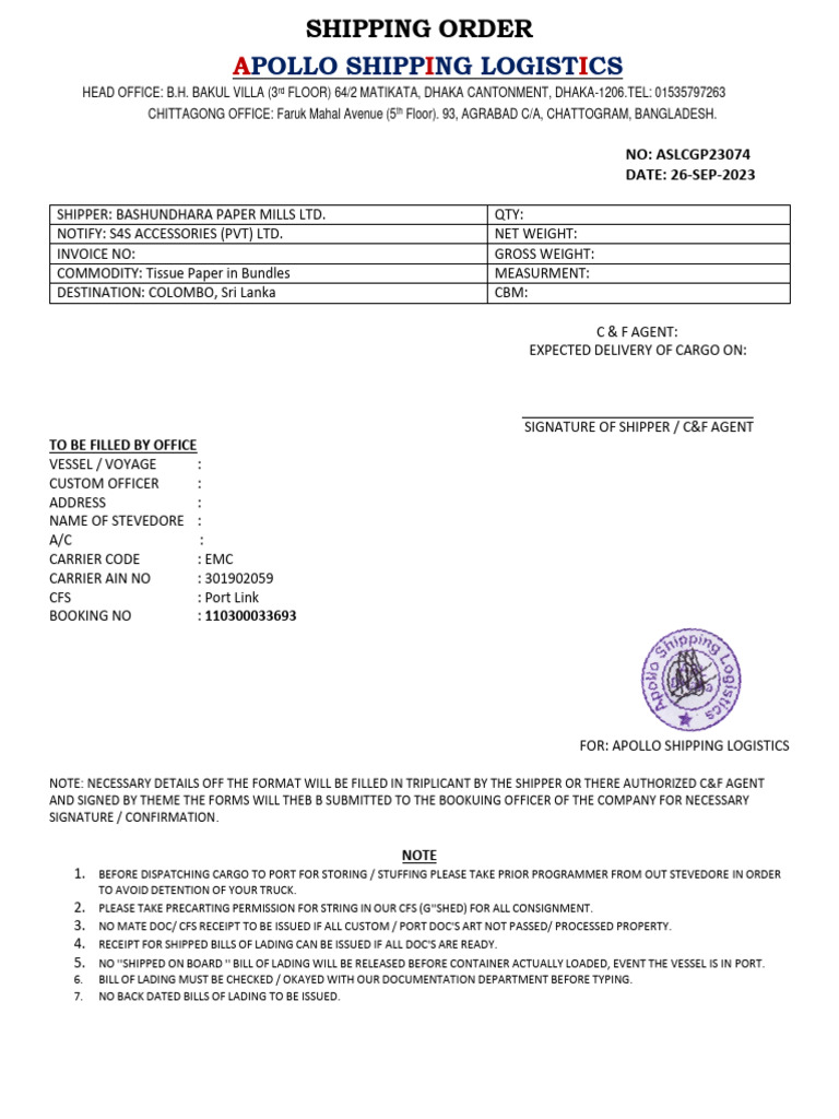 Shipping Order for Apollo Logistics | PDF | Bill Of Lading | Cargo