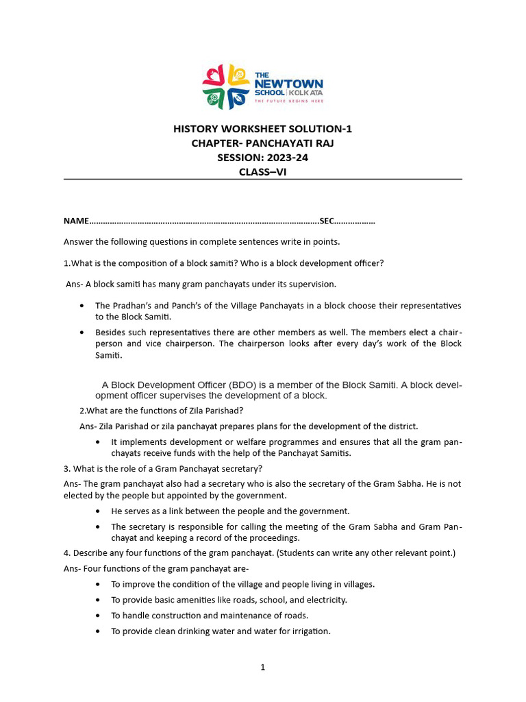 Worksheet Solution 1 - Panchayati Raj - 29.09.23 | PDF | Governance ...