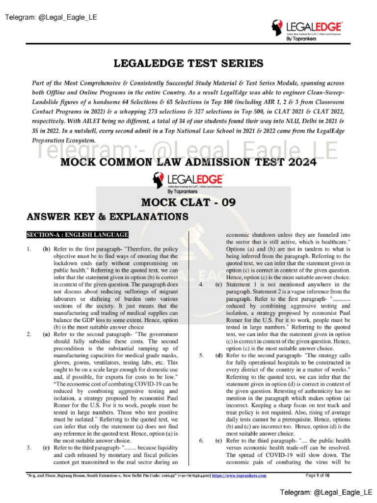 LE CLAT MOCK 9,2024 Explanation @legal - Eagle - LE | PDF