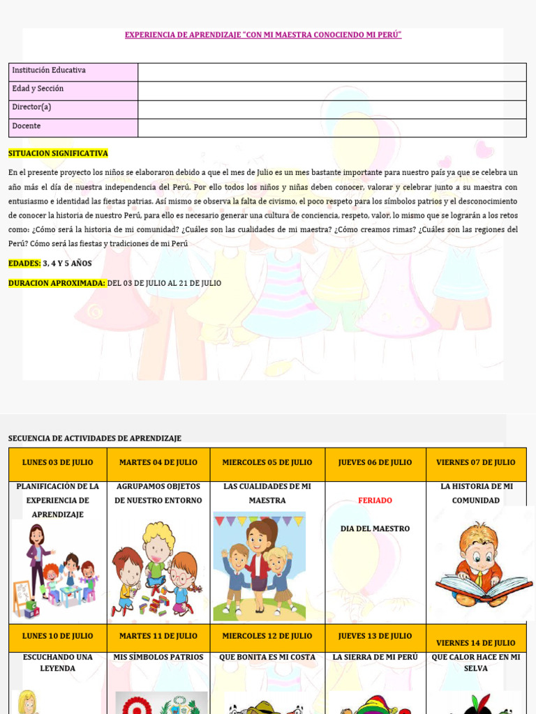 Experiencia De Aprendizaje Conociendo Mi Peru Con Alegria Pdf