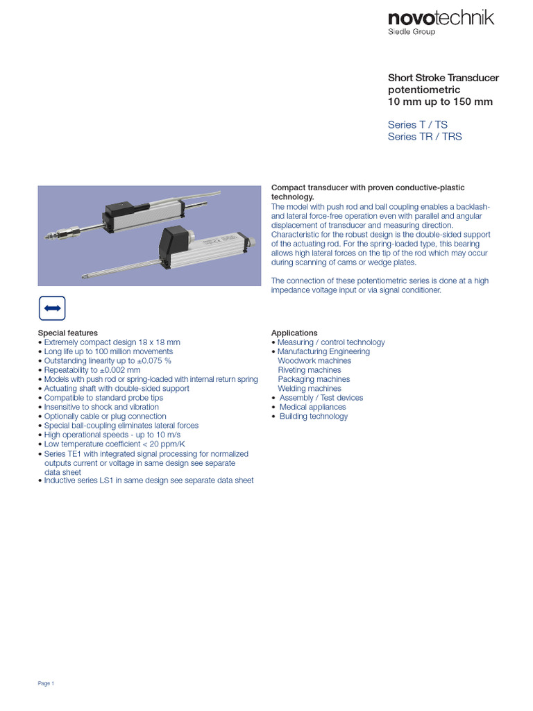 Series T / TS Series TR / TRS: Short Stroke Transducer Potentiometric ...