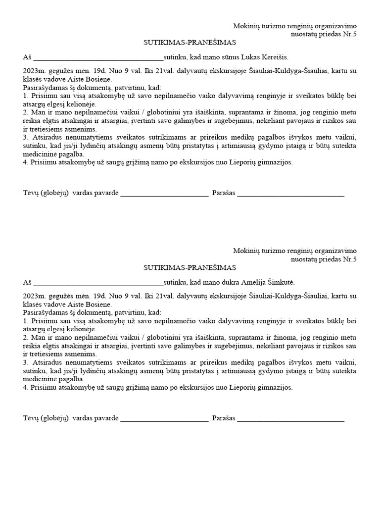 Tėvų Sutikimas Ekskursijai | PDF