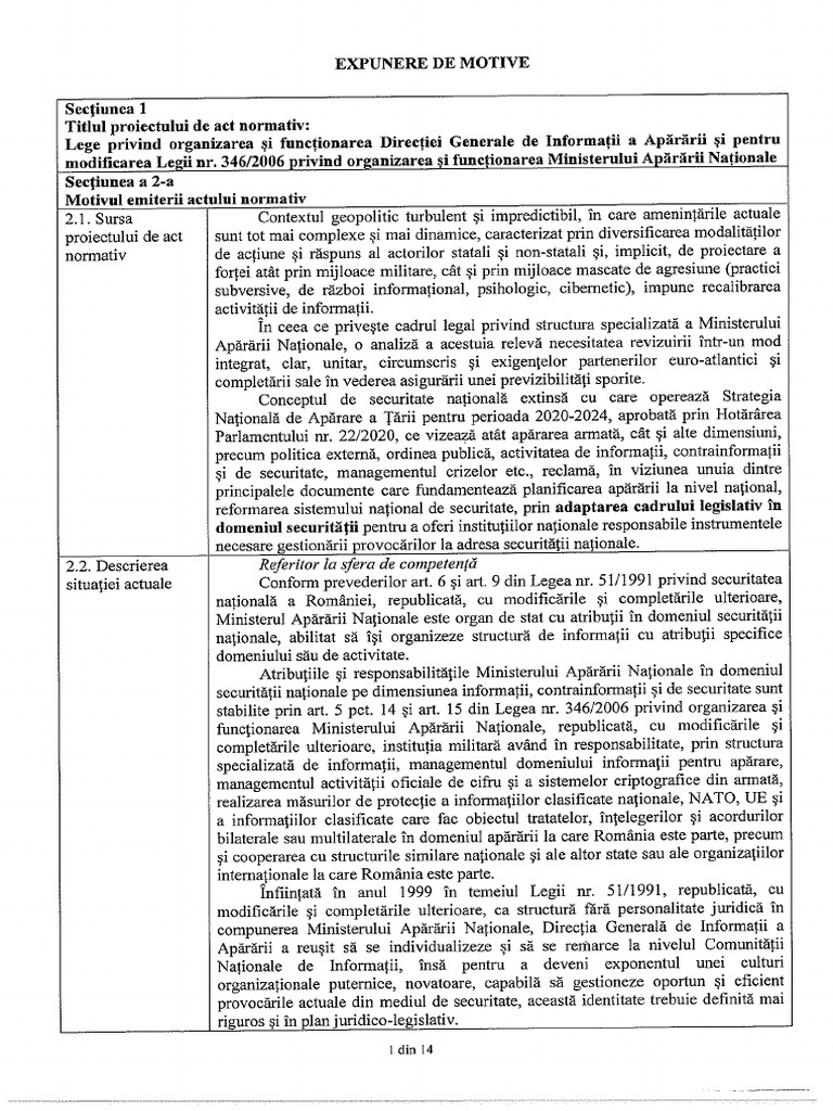 Proiectul de Lege privind organizarea și funcționarea Direcției Generale de Informații a ...