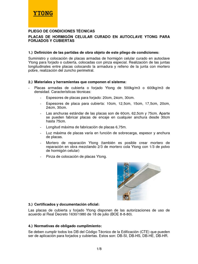 Pliego Condiciones Tecnicas Placas Ytong | PDF | Hormigón | Ingeniería estructural